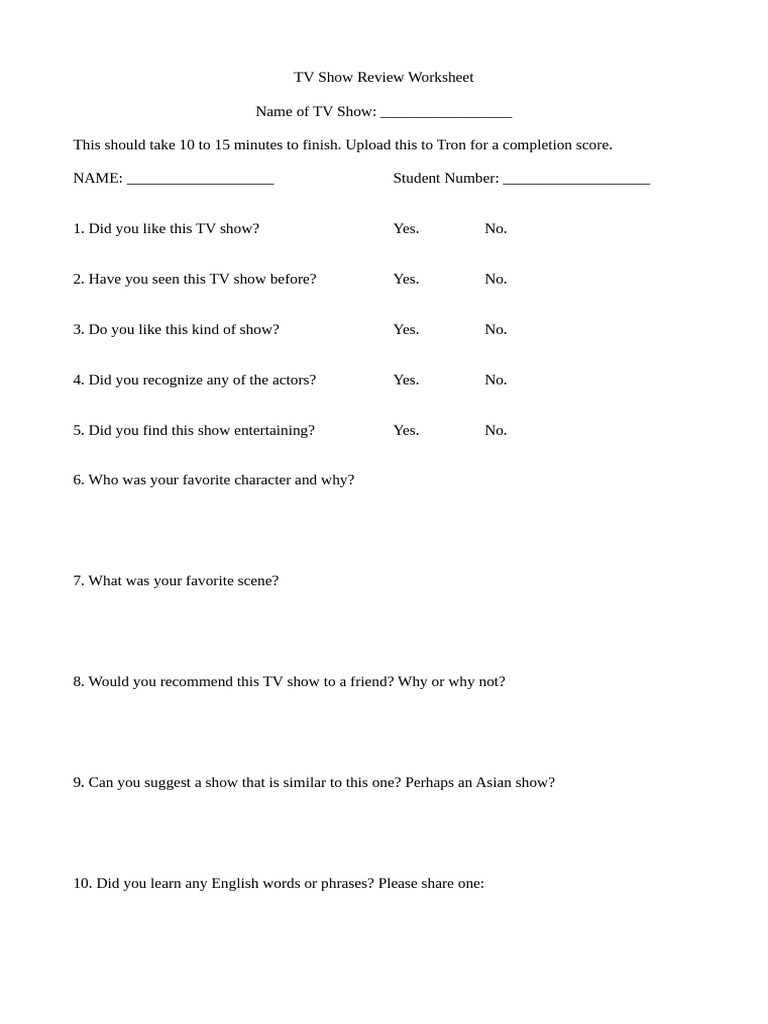 TV Show Review Worksheet | PDF