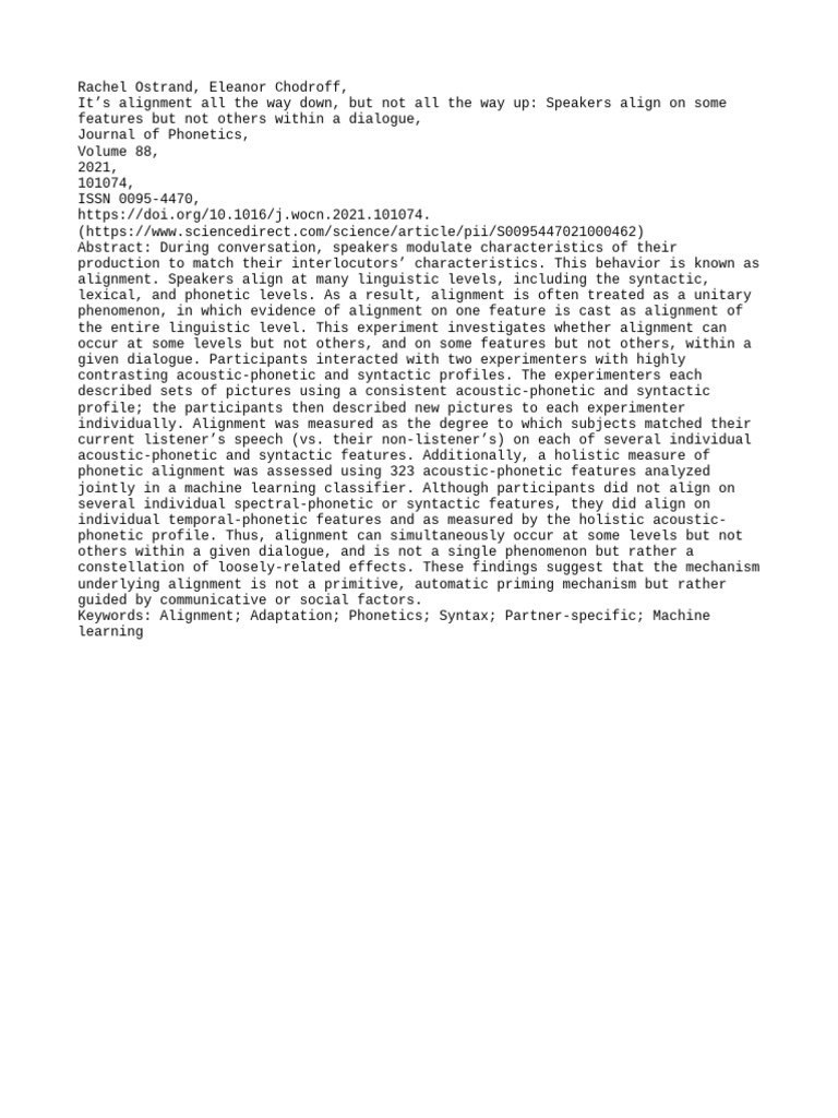 Dialogue Alignment in Phonetics and Syntax | PDF