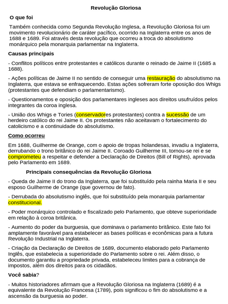 Revolução Gloriosa 8º Ano | PDF | Revolução Francesa | Formas de governo