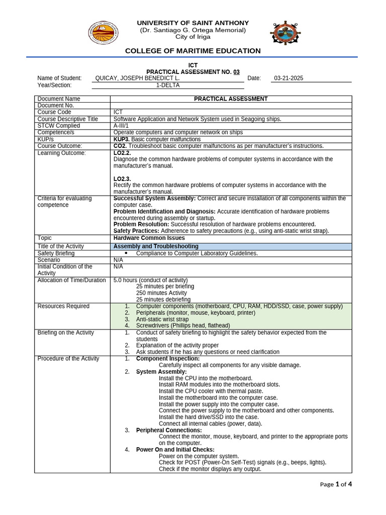 ICT-Practical-Assessment-no.-3-QUICAY | PDF | Troubleshooting | Computer Hardware