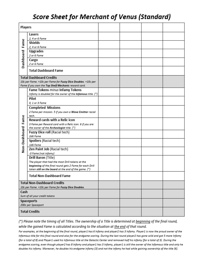 MOV Standard - Comprehensive Score Sheet | PDF | Dice | Gaming Devices