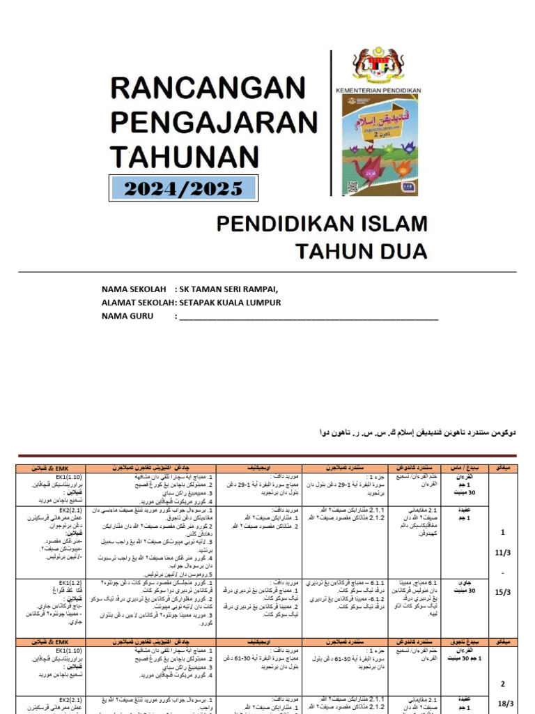 RPT PENDIDIKAN ISLAM TAHUN 2 2024-2025 (1) | PDF