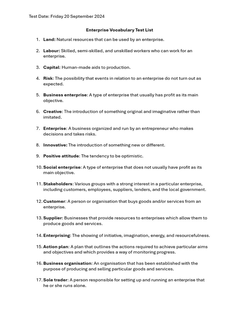 Enterprise Vocabulary Test List | PDF | Business | Franchising