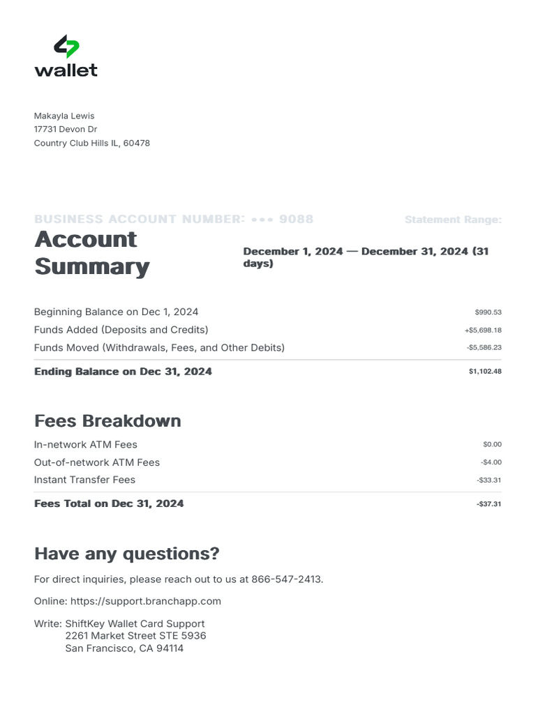 ShiftKey Wallet Statement - Dec 2024 | PDF | Debit Card | Corporations
