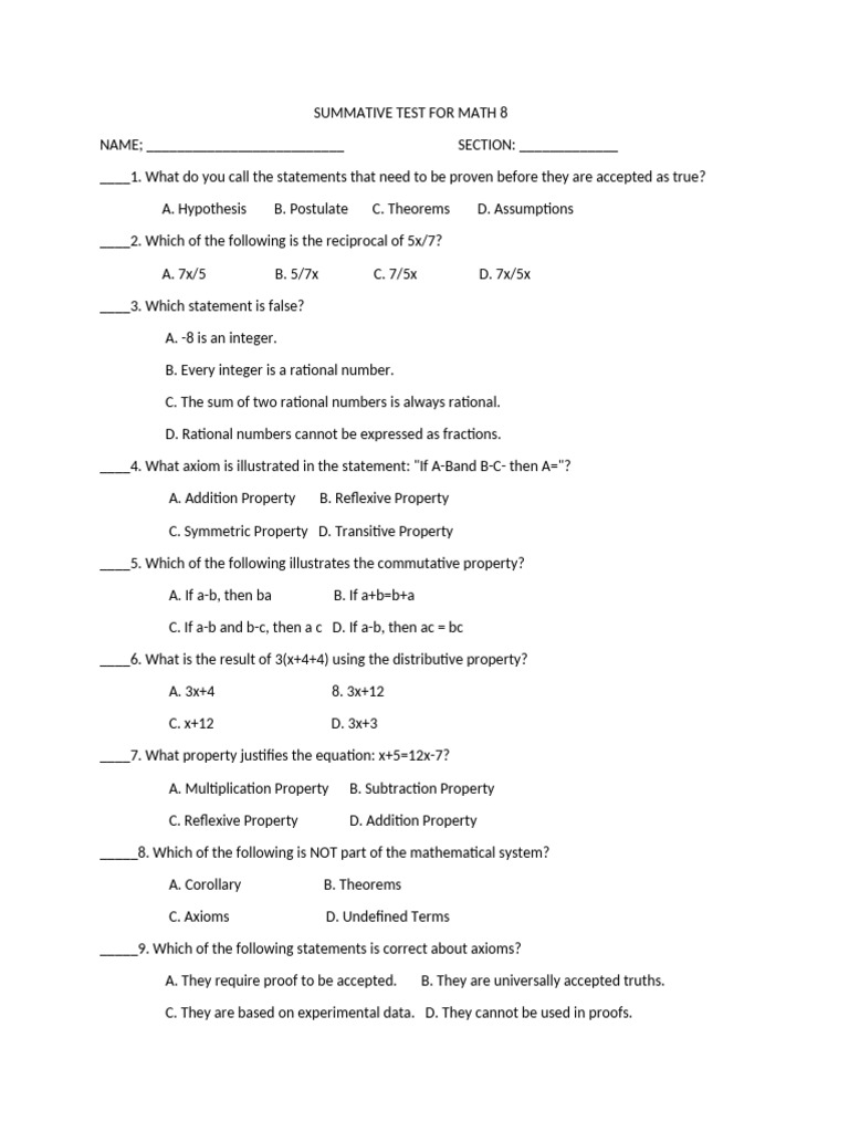 Math 8 Summative Test Questions | PDF | Triangle | Mathematical Proof