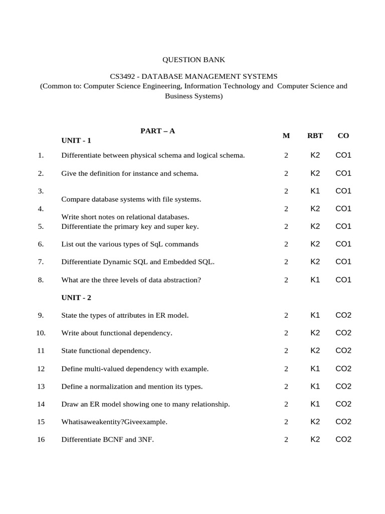 CS3492 - DATABASE MANAGEMENT SYSTEMS | PDF | Databases | Relational Database