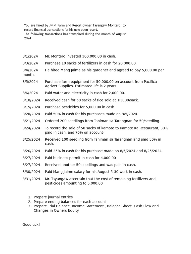 JMM Farm Resort Financial Transactions August 2024 | PDF