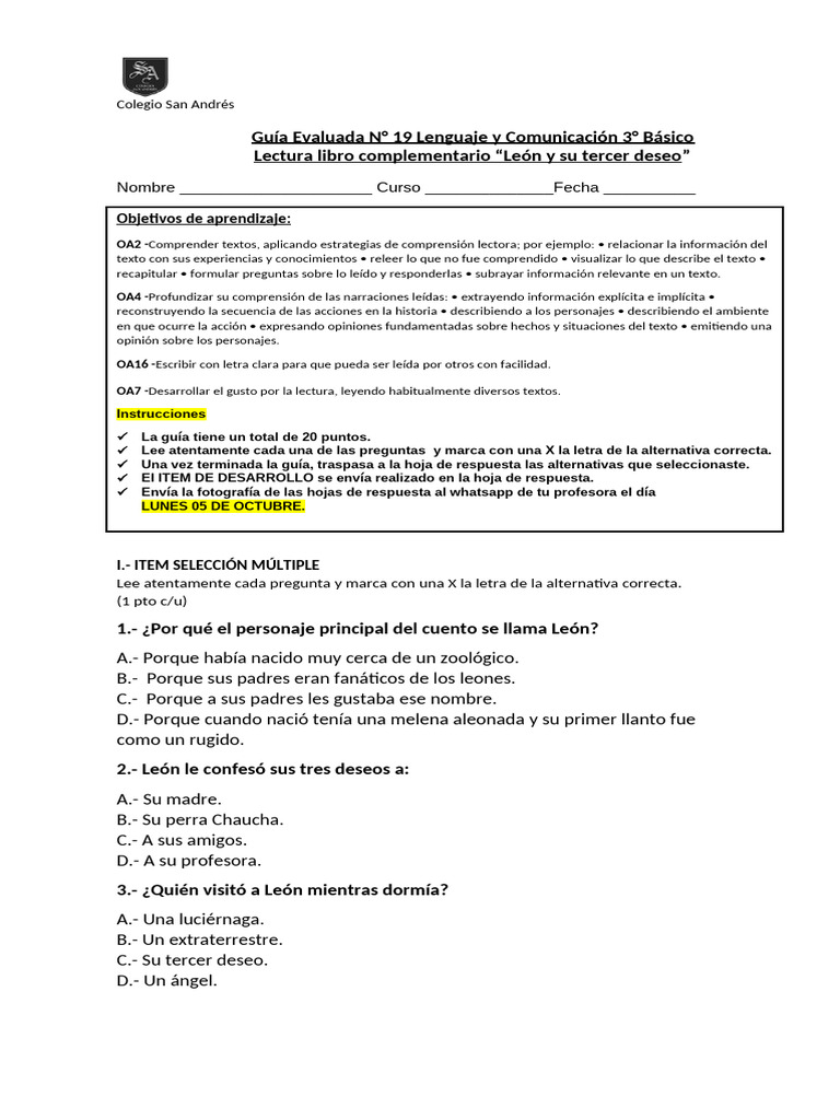 3°básico Lenguaje Guía Evaluada N 19 | PDF