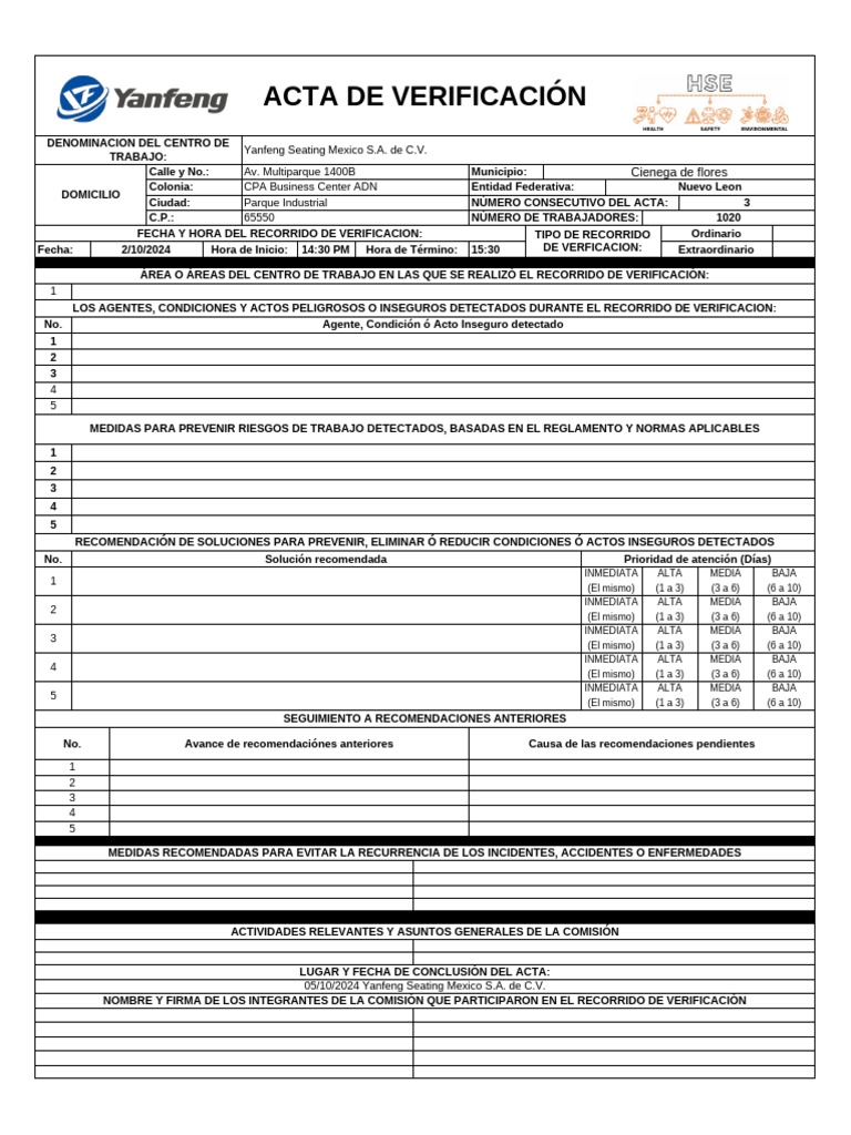 Acta de Verificacion Comision de Seguridad e Higiene | PDF