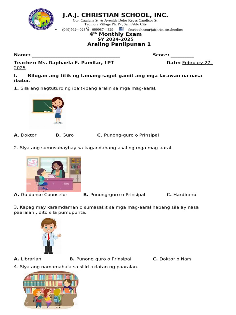 Grade 1 and 5 Nursery 4TH Monthly 2025 | PDF