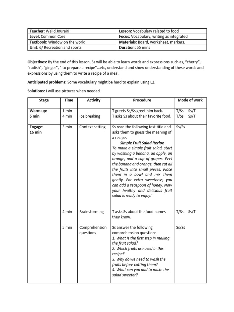 Food Vocabulary Lesson Plan | PDF | Salad | Fruit