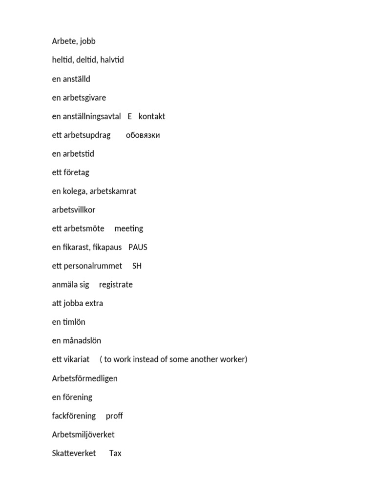 Ordlista ARBETE | PDF