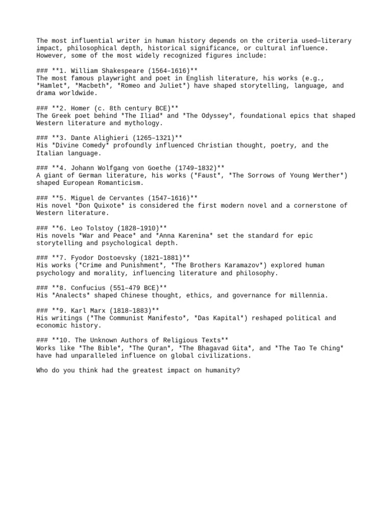 Most Influential Writers in History | PDF
