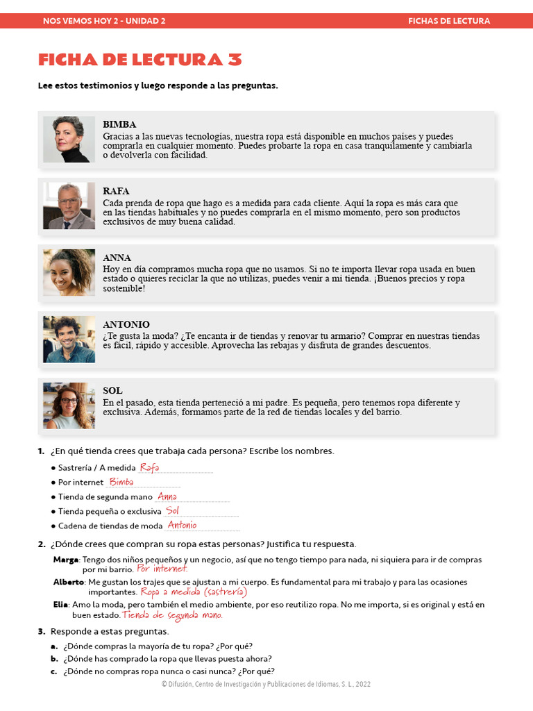 Nvh2 U02 Ficha Lectura Soluciones 03 | PDF | Ropa