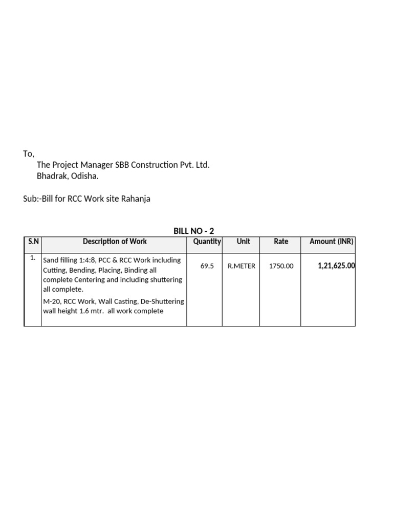 Quotation For Labour Charges With MS Shuttering Material Supply For ILC ...