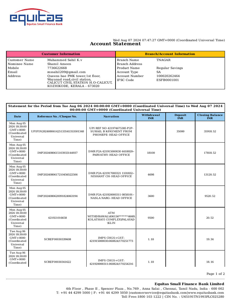 NiyoX-Statement-Muhammed Sahil K.v-06Aug24 To 07aug24 Nh6uxwjq | PDF ...