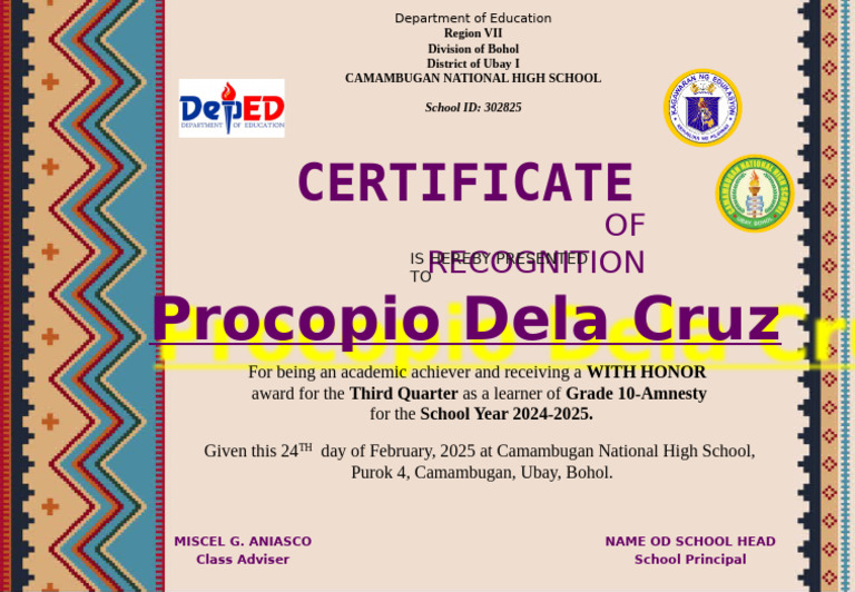 Certificate of Recognition For With Honor Awardee | PDF