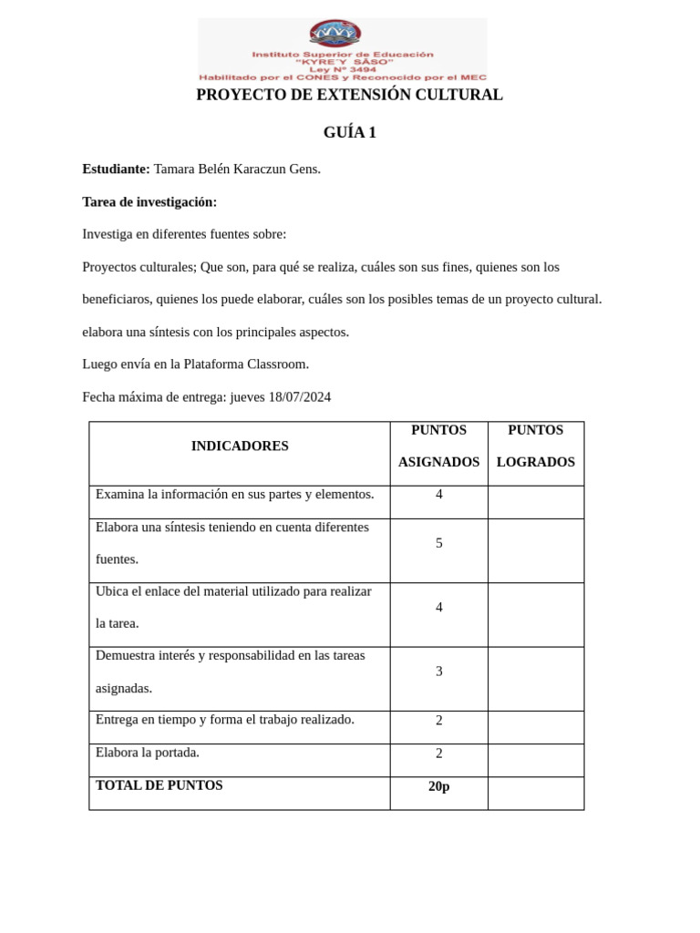 Tarea 1 Proyecto de Extension Cultura Karaczun Tamara Editable | PDF ...