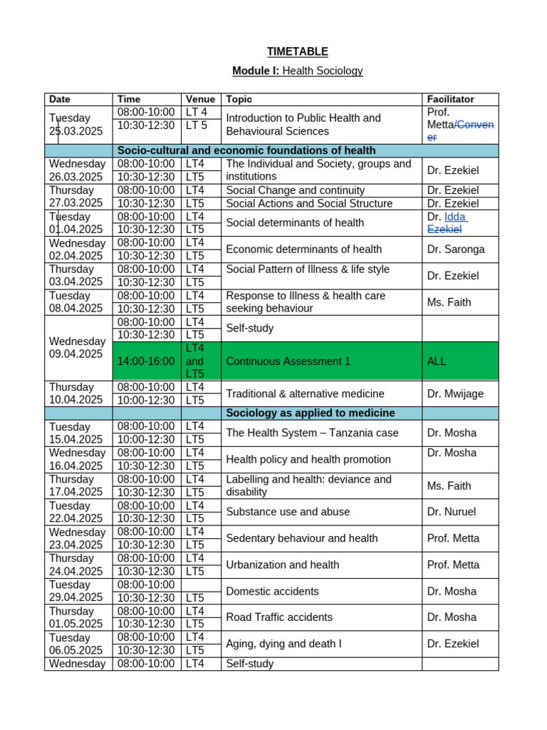 BS 100.01- TIMETABLE 2025 | PDF | Health Sciences | Social Programs
