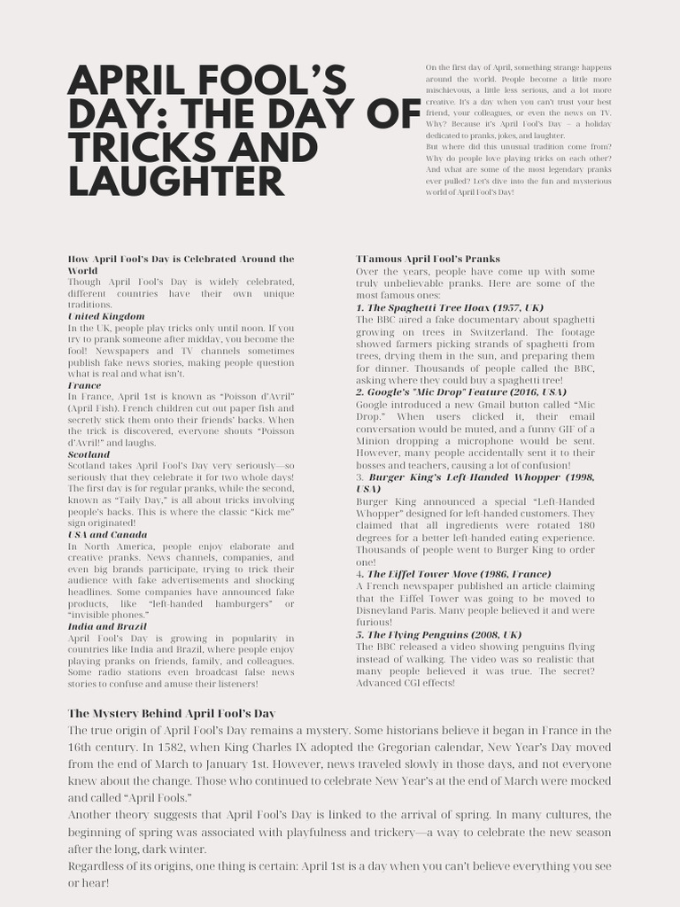 April Fool's Day The Day of Tricks and Laughter | PDF