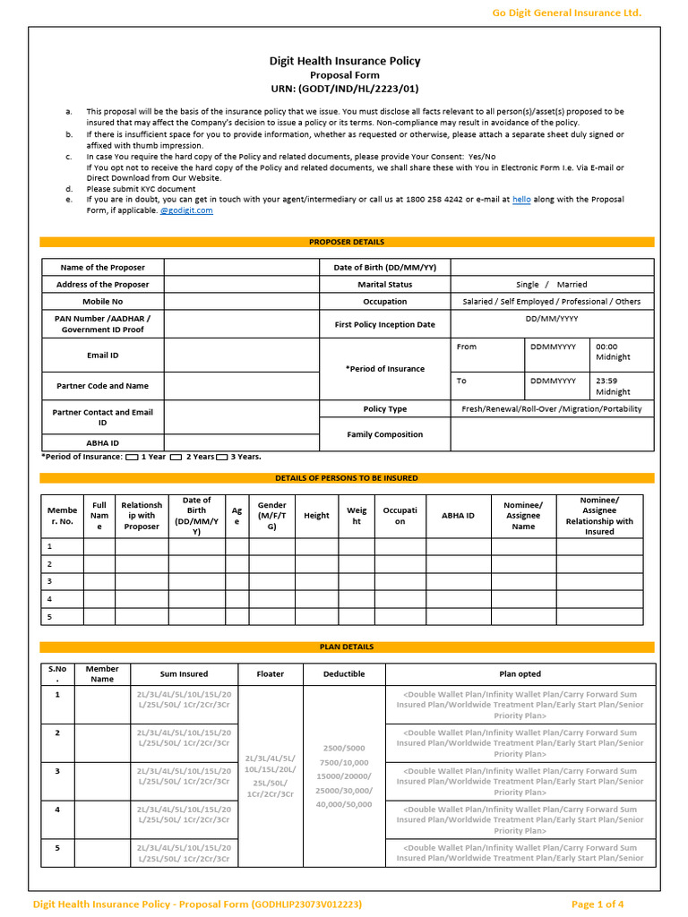 Digit Health Insurance Proposal Form | PDF | Identity Document | Insurance