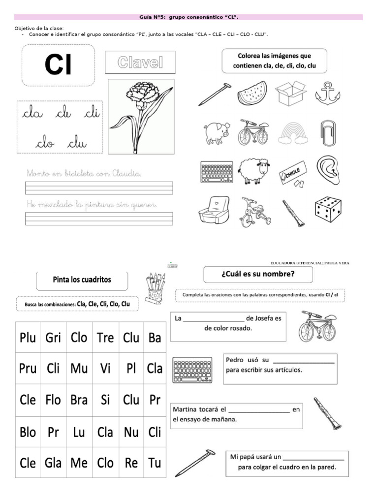 Guía Nº7 Grupo Consonantico CLA - CLE - CLI - CLO - CLU | PDF