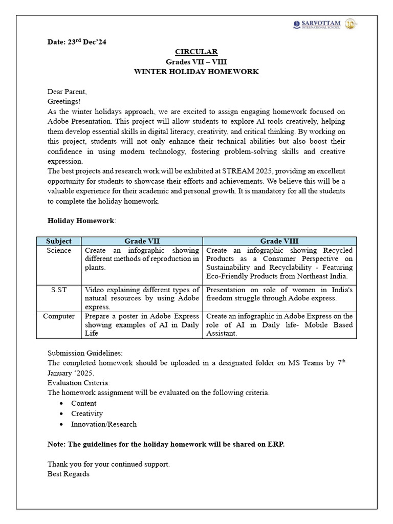 Winter Holiday Homework for Grades VII-VIII | PDF