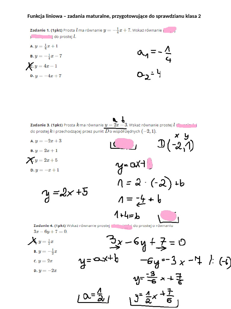 Funkcja Liniowa - Zadania 2 Klasa | PDF