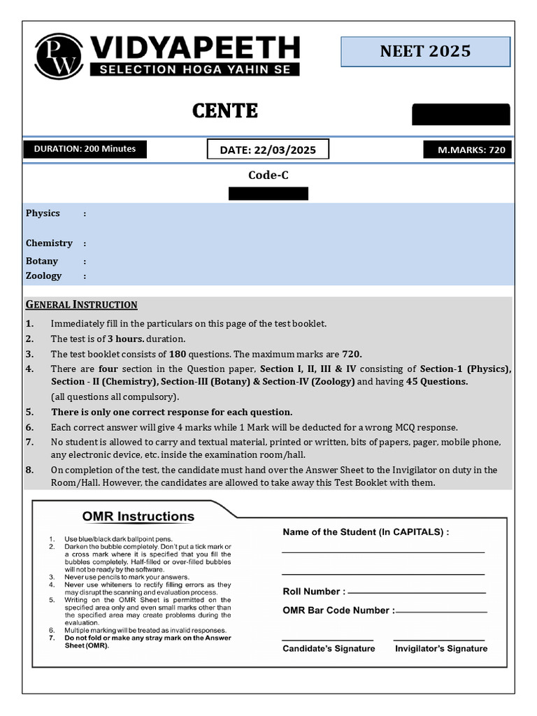 Center Test-3 - Neet - 22-03-2025 - English - Question Paper | PDF ...