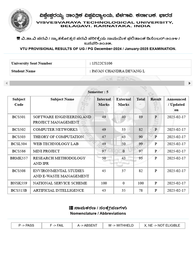 VTU Result 2025 5th Sem | PDF