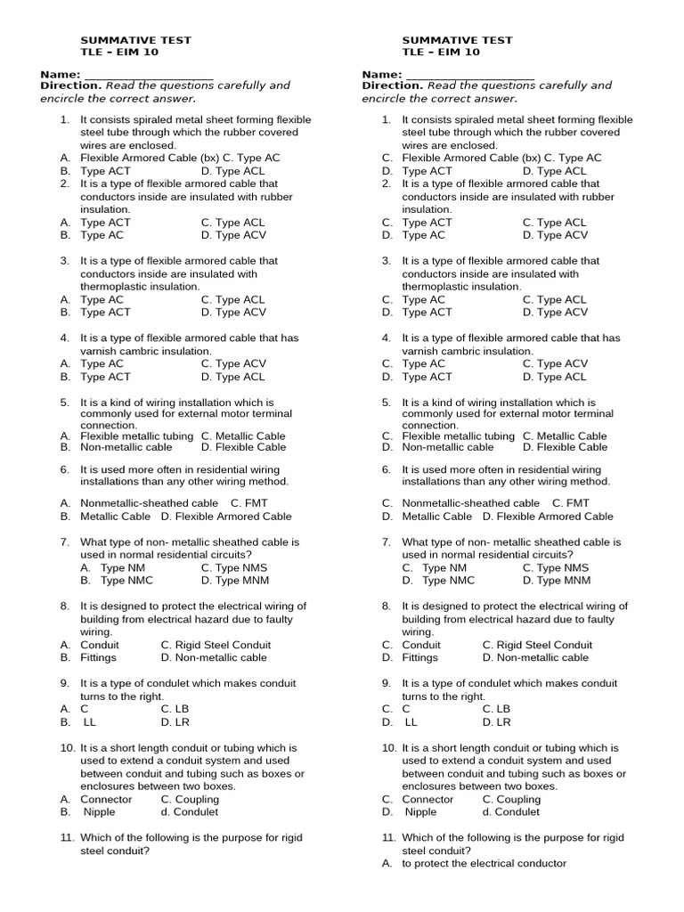 SUMMATIVE TEST- Grade 10 | PDF | Electrical Wiring | Electrical Connector