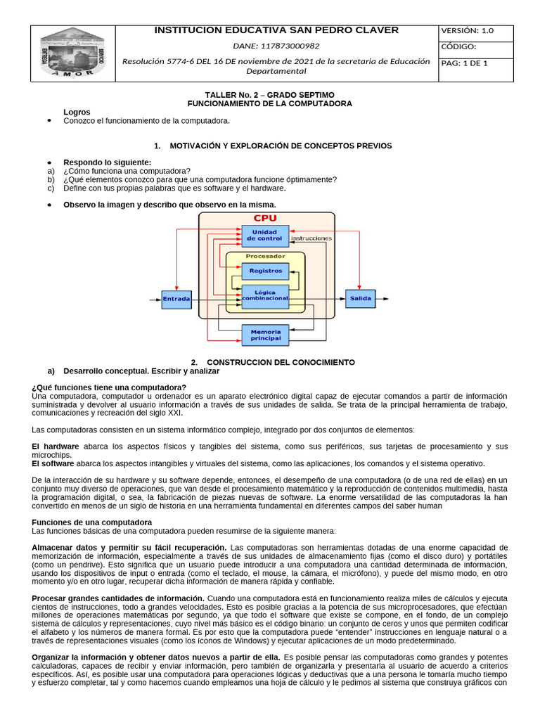 2 Plan de Clase para Septimo 7 Funcionamiento Computadora | PDF | Informática