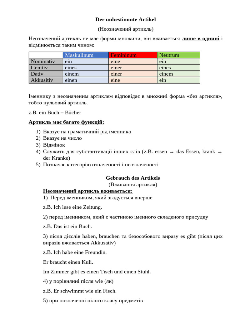Unbestimmter Artikel. Gebrauch des Artikels | PDF