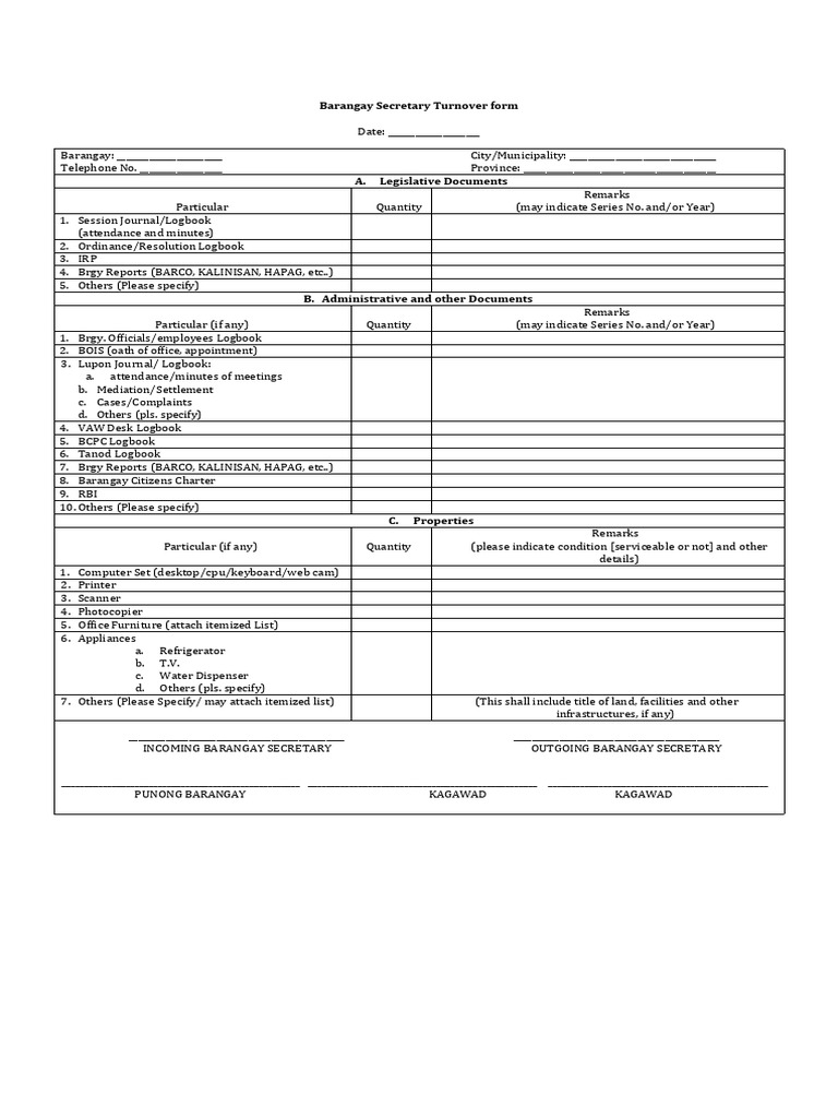 Barangay Secretary Turnover Form | PDF | Manufactured Goods ...