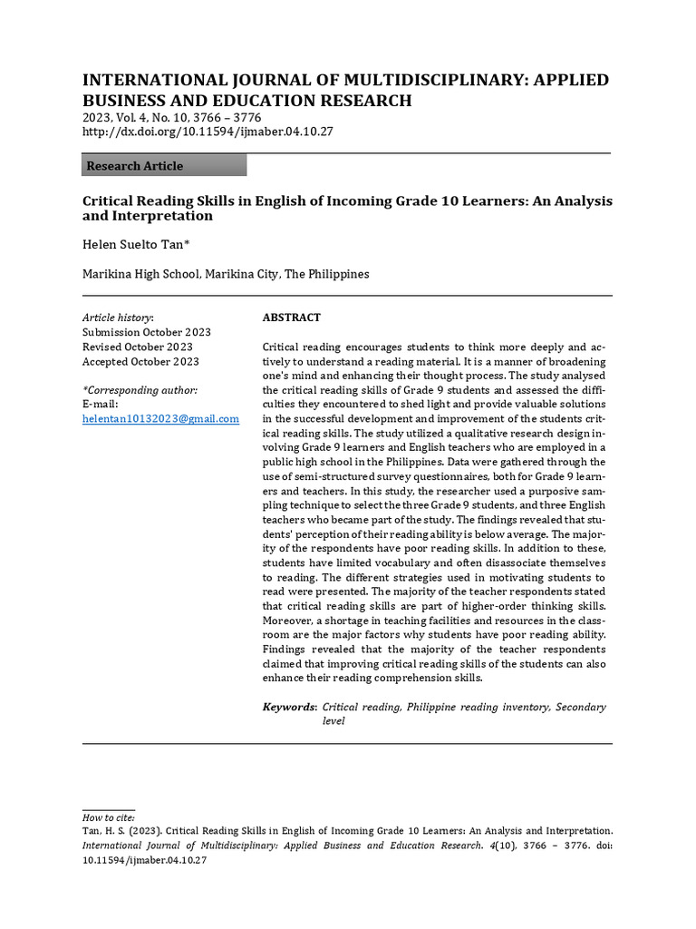 Critical-Reading-Skills | PDF | Reading Comprehension | Literacy