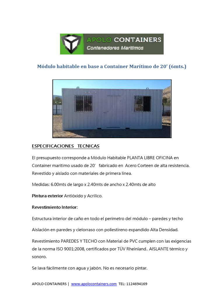 Módulo Habitable en Base A Container Marítimo de 20 APOLO | PDF