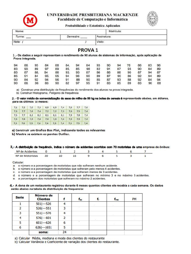 MODELO PROVA 1 ESTATISTICA | PDF