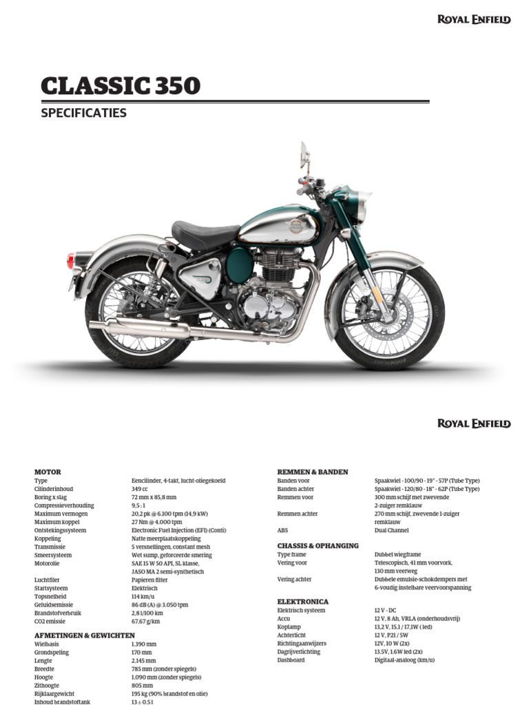 Royal Enfield Classic 350 Technical - Specifications - Dutch | PDF