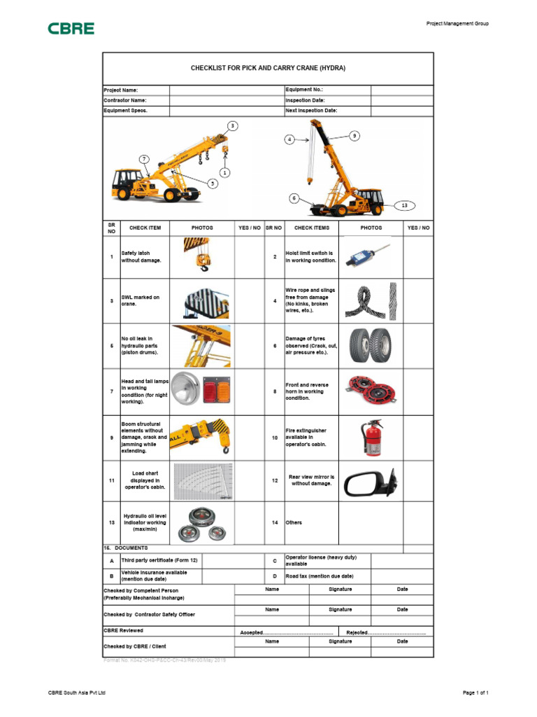K042-Pic-Pick and Carry Crane (HYDRA) Checklist | PDF | Crane (Machine ...
