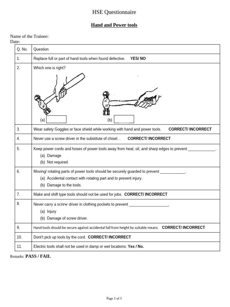 Questionnaire - Hand and Power Tools | PDF
