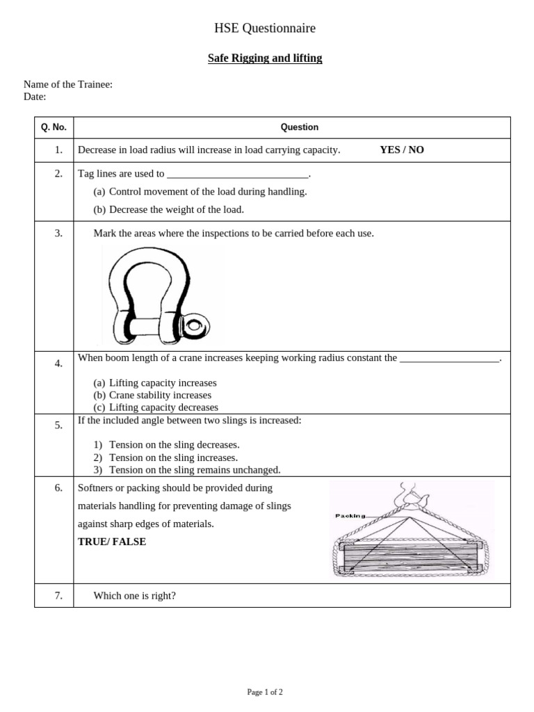 Rigging and Lifting Safety Questionnaire | PDF