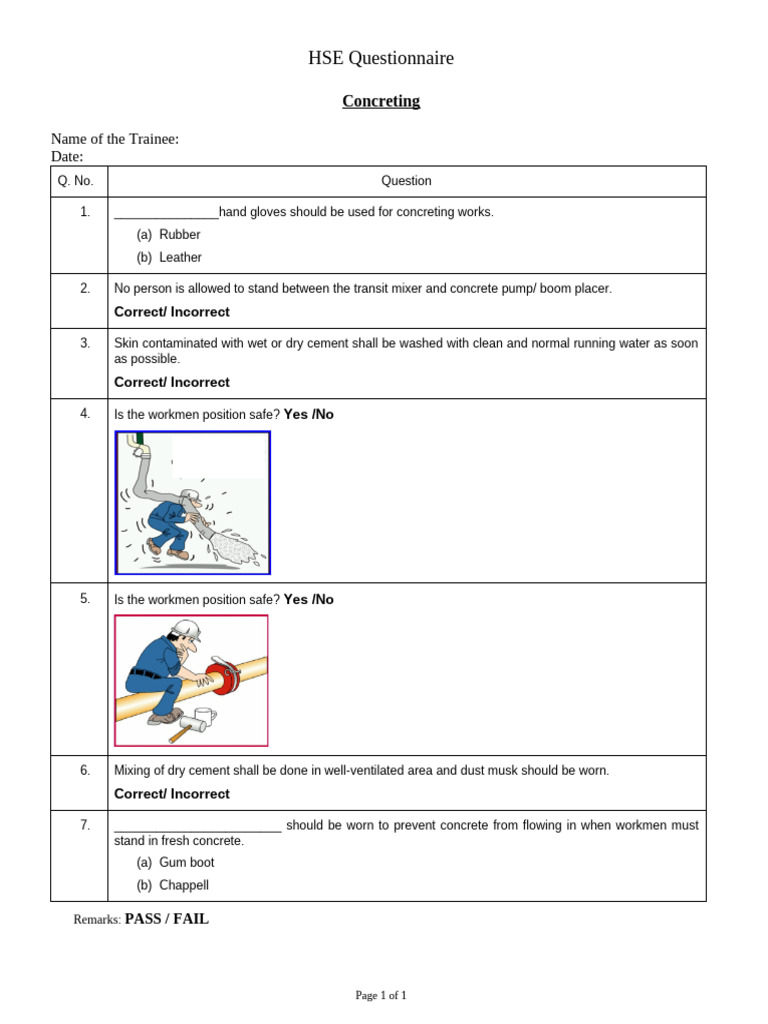 HSE Concreting Safety Questionnaire | PDF