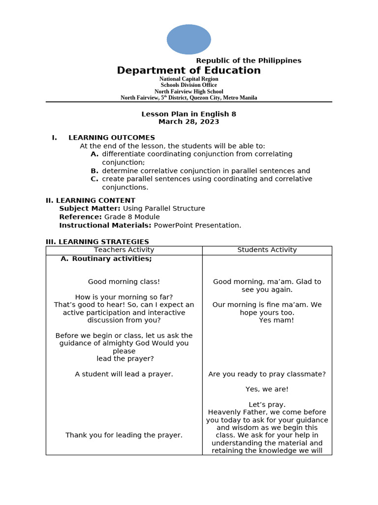 DLP For Using Parallel Structure Day 1 | PDF | Phrase | Verb
