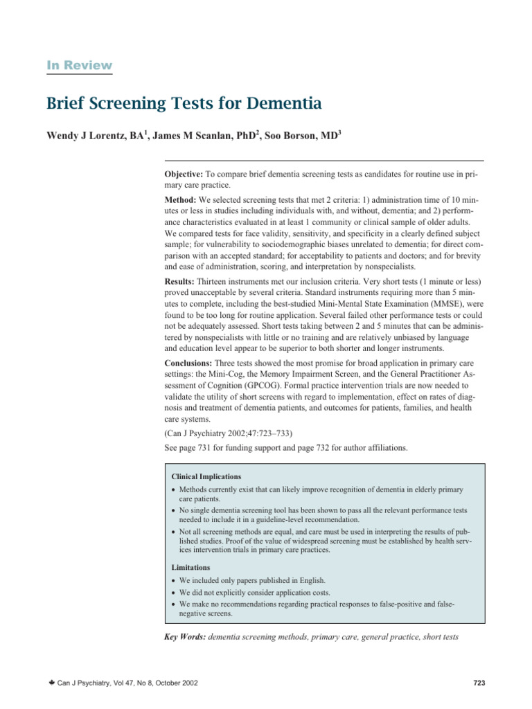 Brief Screening Tests for Dementia | PDF | Dementia | Screening (Medicine)
