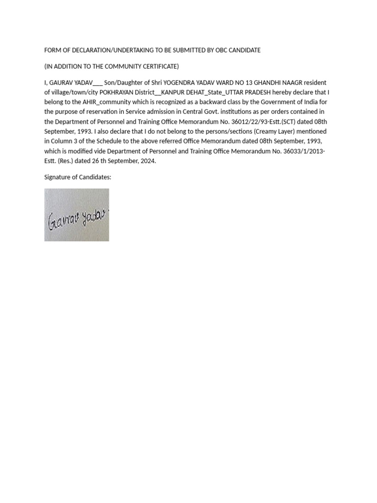 OBC Declaration Form for Candidates | PDF