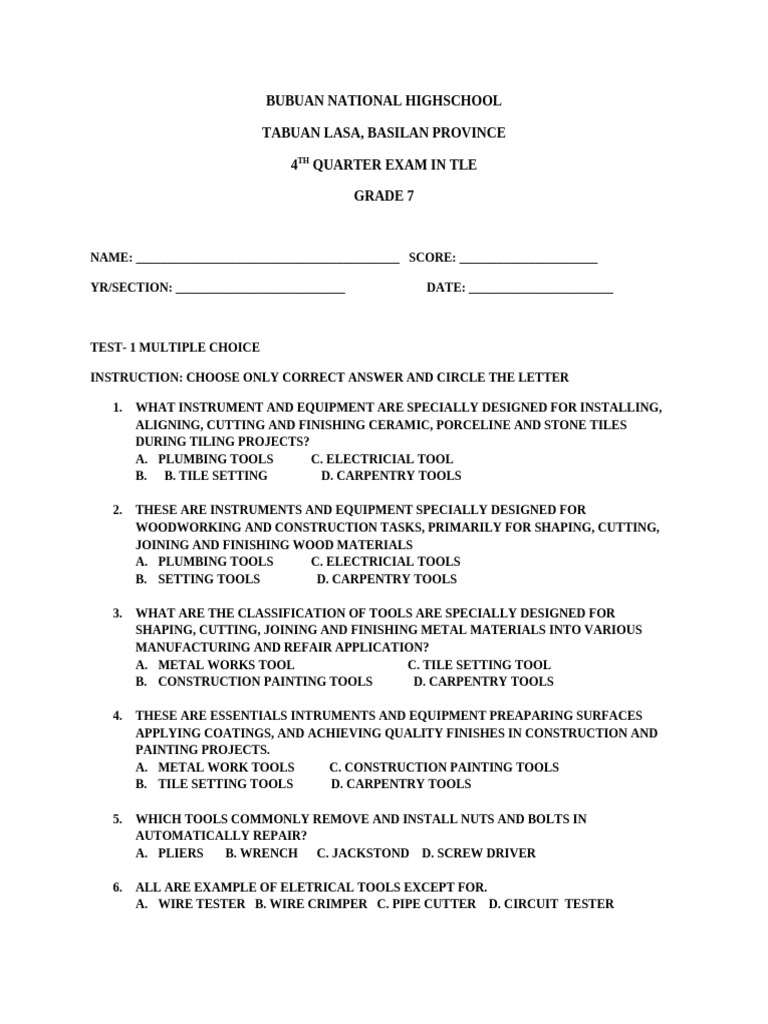 4TH Quarter Exam in Tle Grade 7 | PDF | Tools | Electrical Connector
