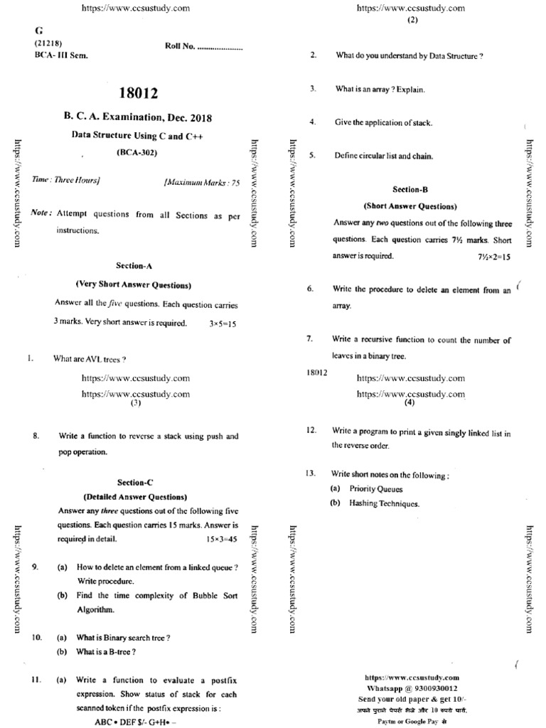 Bca 3 Sem Data Structure Using C and CPP 18012 Dec 2018 | PDF