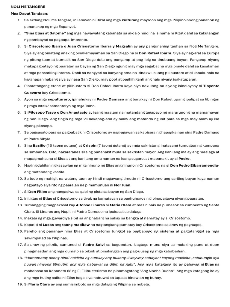 NOLI ME TANGERE Mga Dapat Tandaan | PDF