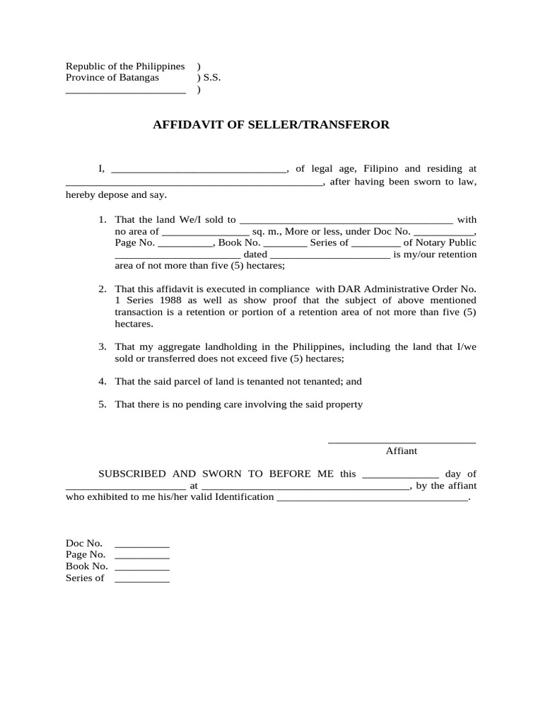 Affidavit of Seller Transferor | PDF | Affidavit | Evidence