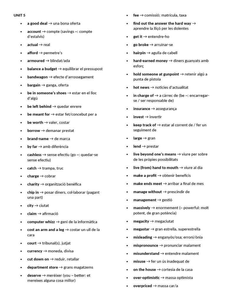 Vocabulary Unit 5 | PDF